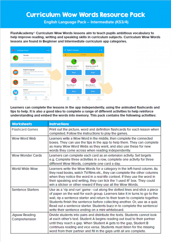 Curriculum Wow Words English Language Pack - FlashAcademy