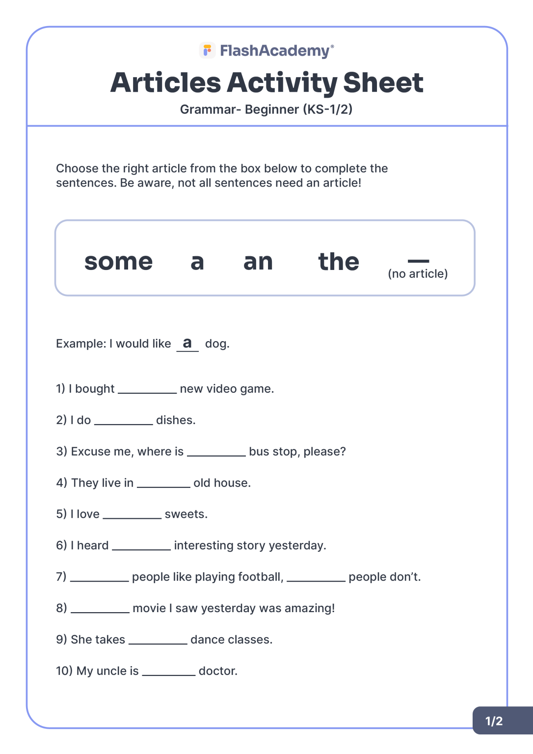 Articles activity sheet | KS1 / KS2 EAL grammar resource | FlashAcademy®