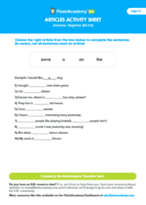 Articles activity sheet | KS1 / KS2 EAL grammar resource | FlashAcademy®